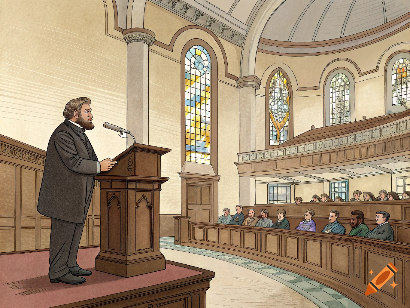 Hand drawn illustration of a man preaching from a podium in a church to ...