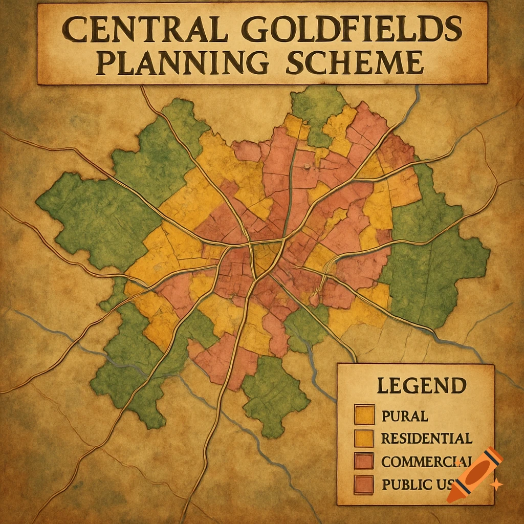 Illustrated map titled "Central Goldfields Planning Scheme" with ...