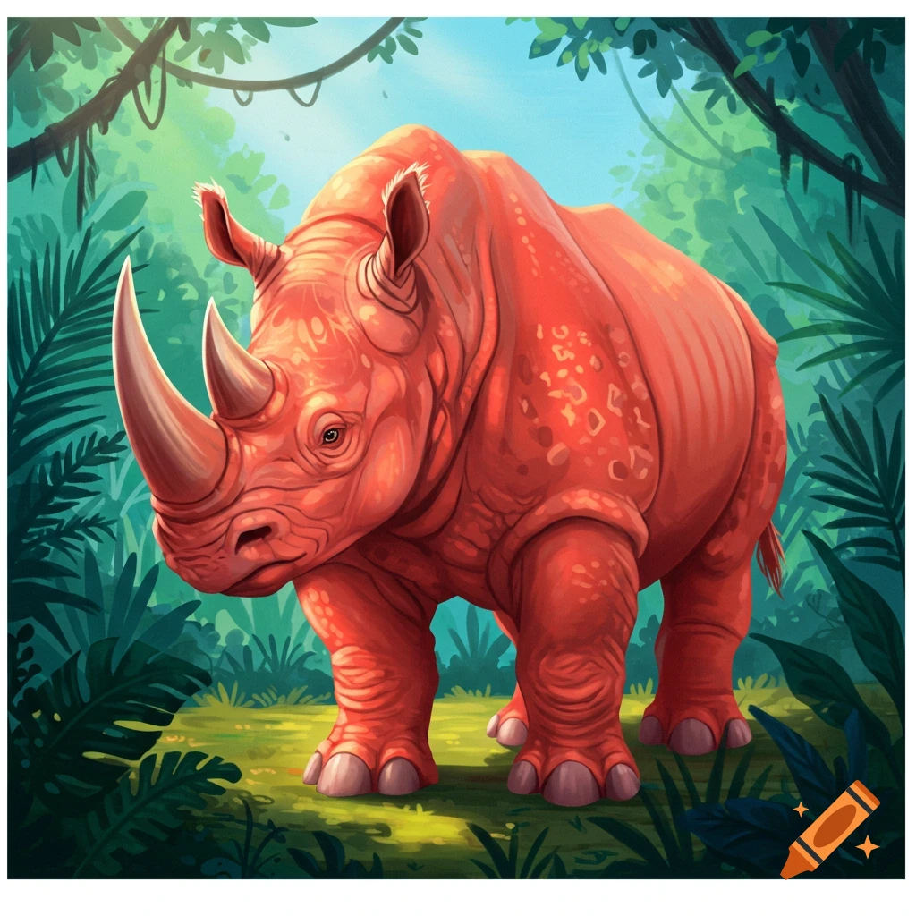 A red rhinoceros stands in a bright jungle clearing in a stylized ...