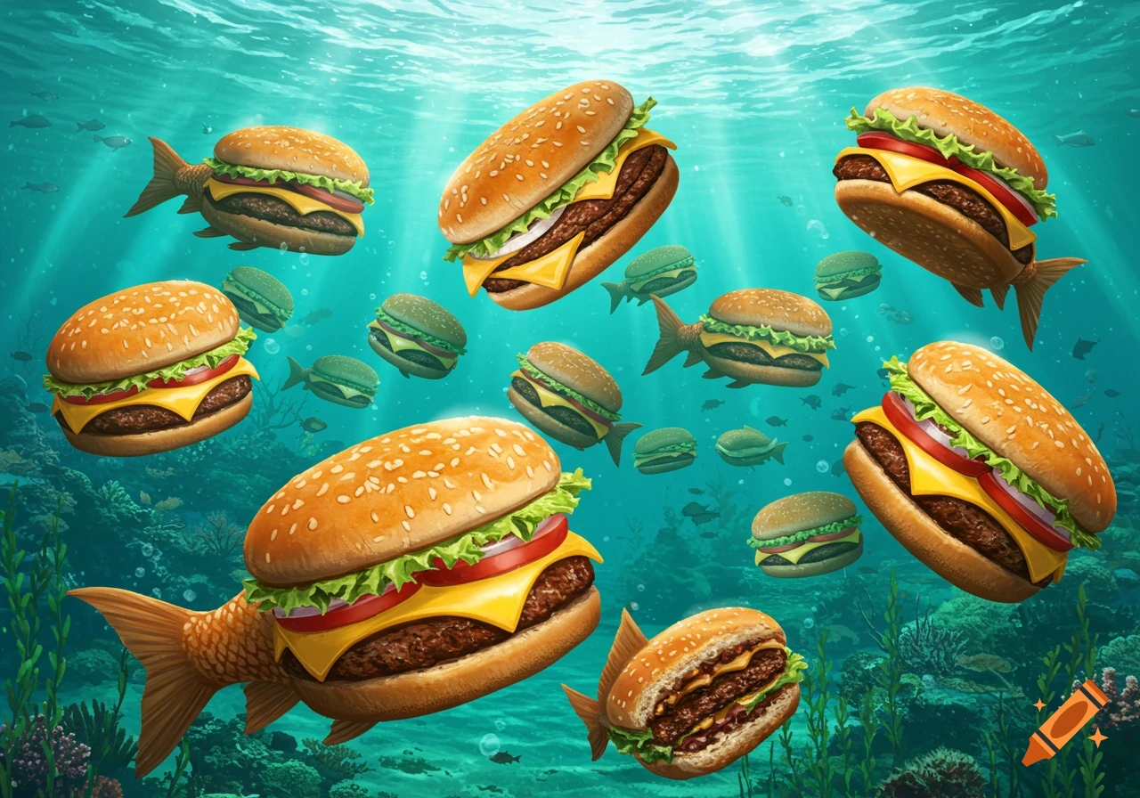 Realistic illustration of fish with burger bodies swimming underwater ...