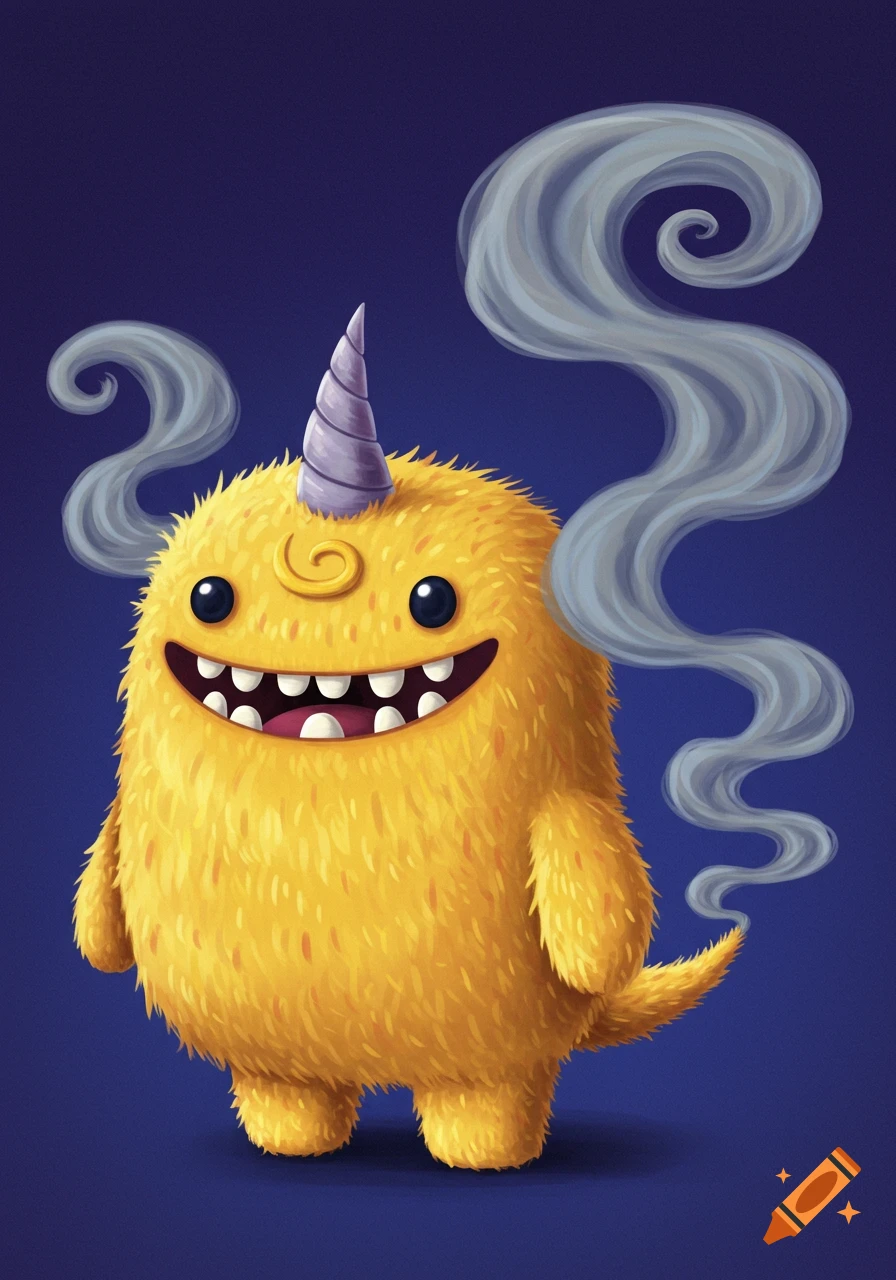 Illustration of a fuzzy yellow monster with a purple horn and tail ...