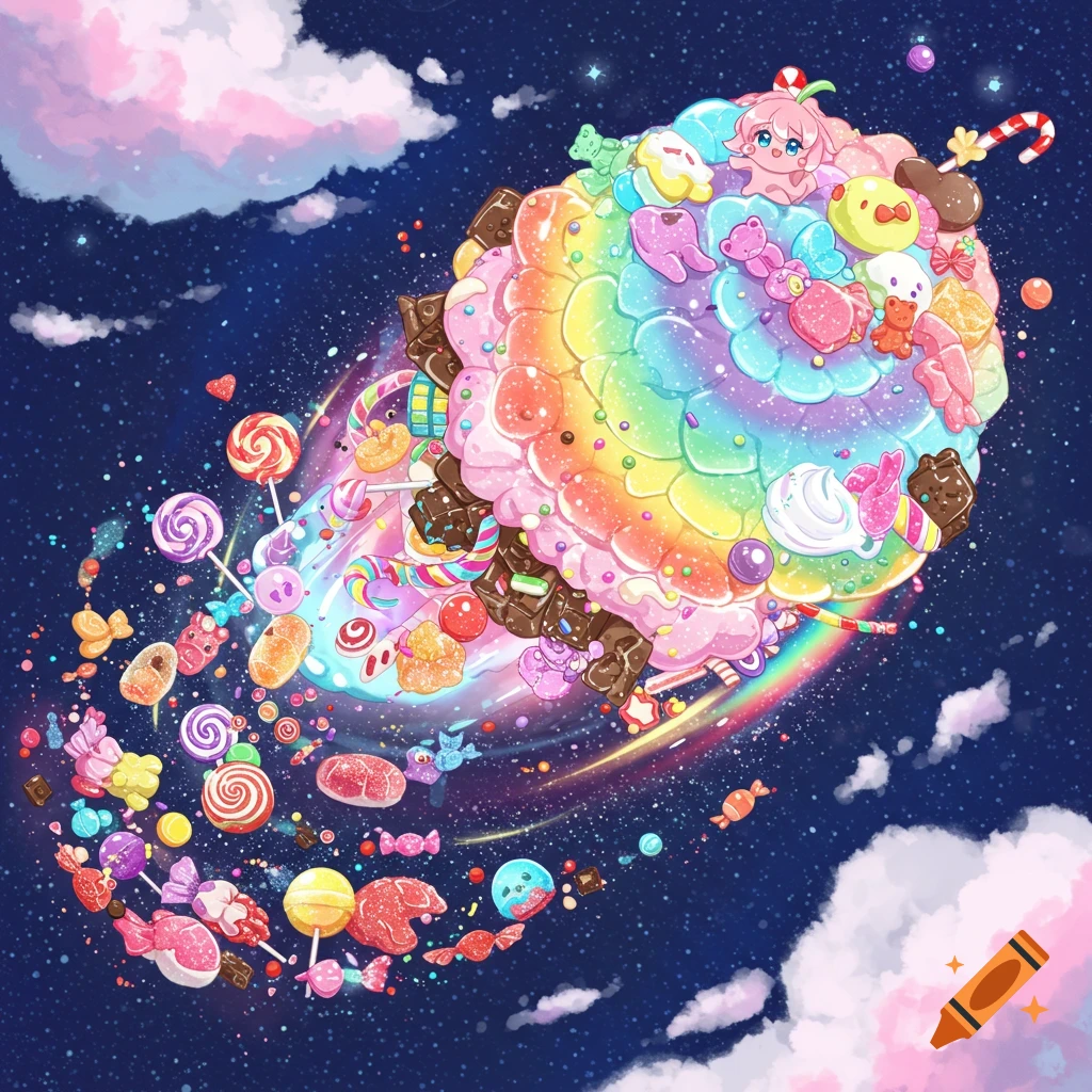 Anime style illustration of a rainbow candy comet with cute characters ...