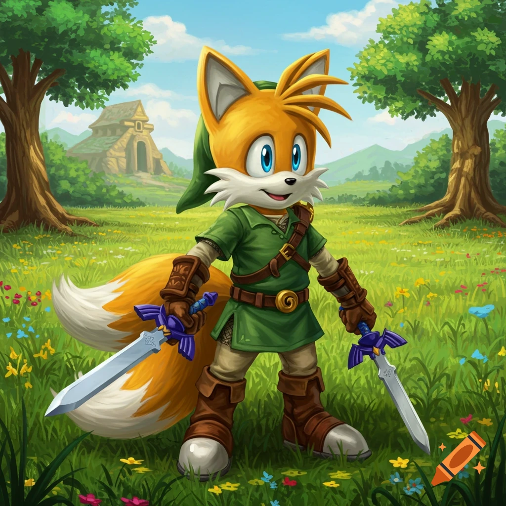 Tails the fox dressed as Link from Zelda stands in a field holding two ...