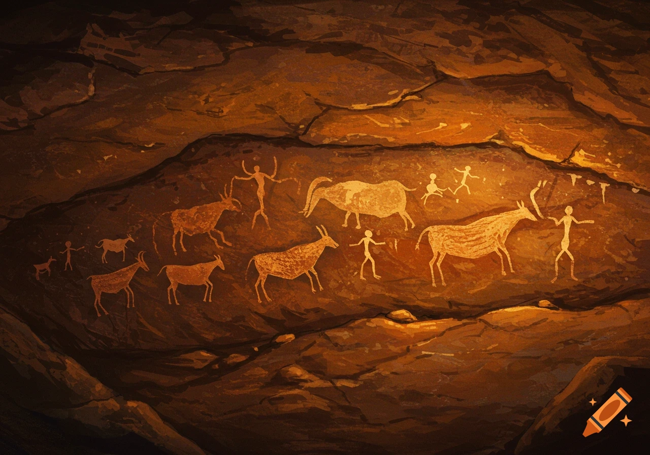 Prehistoric cave paintings of animals and human figures on a stone wall ...