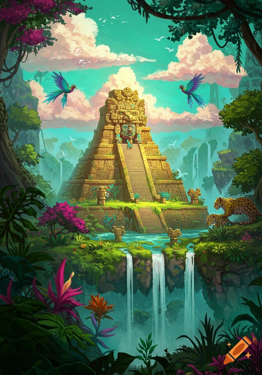Fantasy jungle landscape with an ancient temple pyramid, waterfalls ...