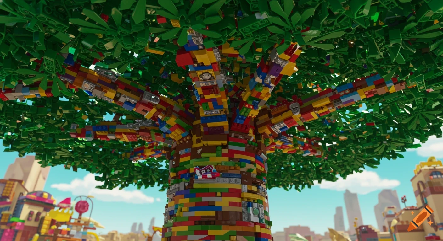 A large, colorful tree made of various Lego bricks stands in a Lego ...