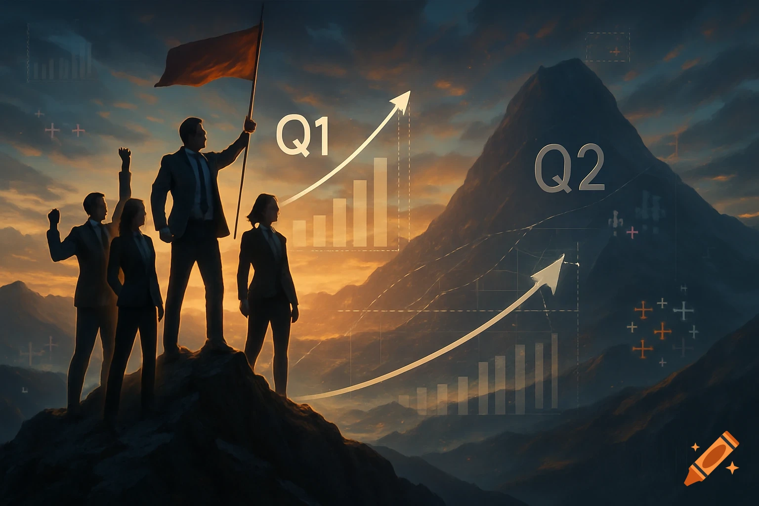 Business team celebrates Q1 success on a mountain peak with a flag ...