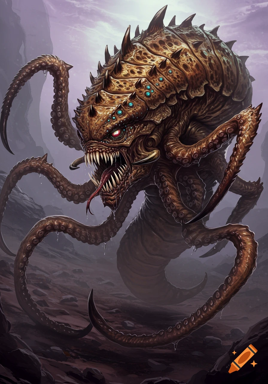 Concept art of a scary alien monster with tentacles and spikes. on Craiyon