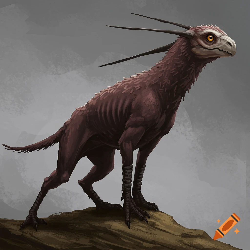A dark red bipedal fantasy creature with a skull-like head and long ...