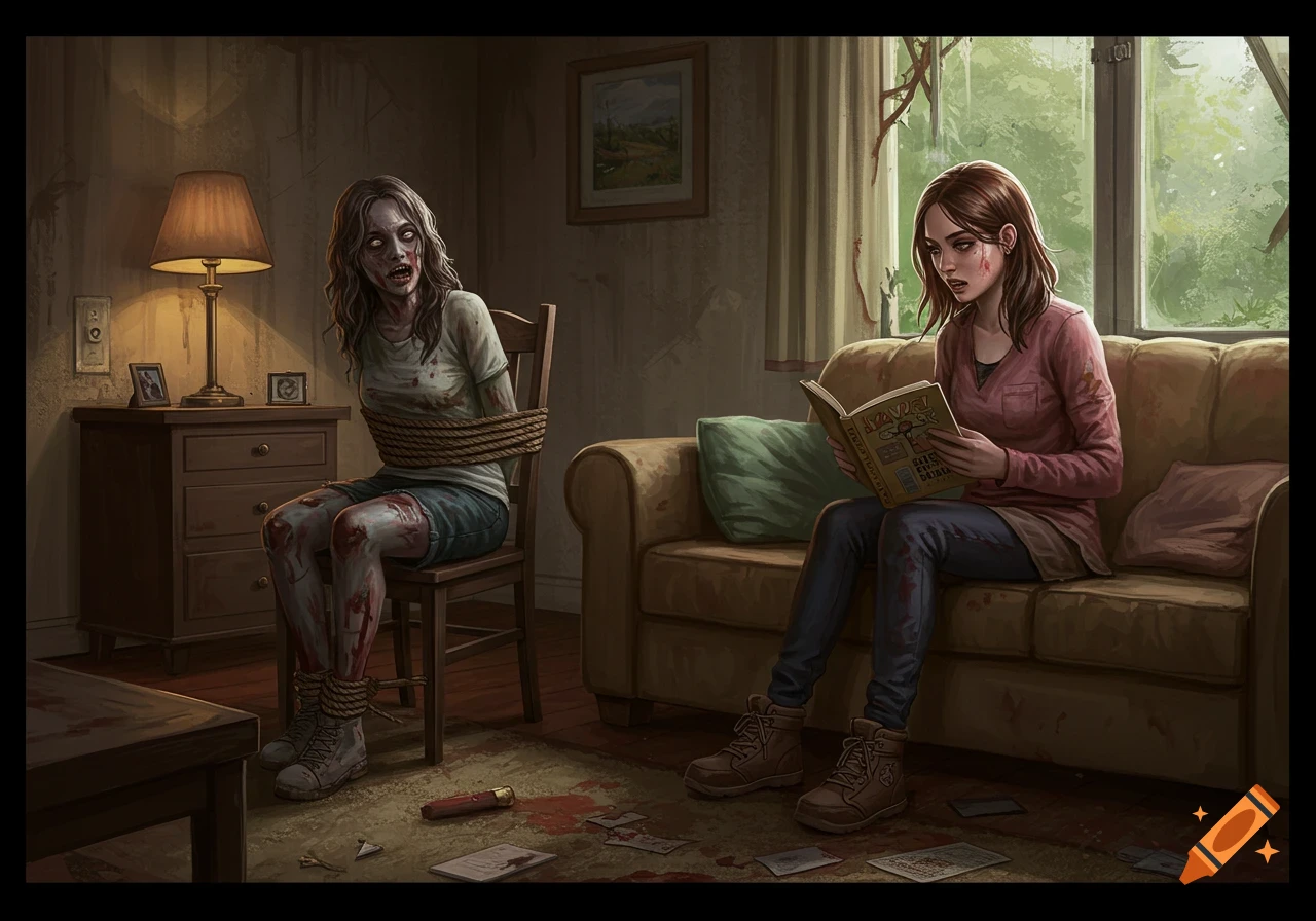 A human girl reads a book to a zombie girl tied to a chair in a post ...
