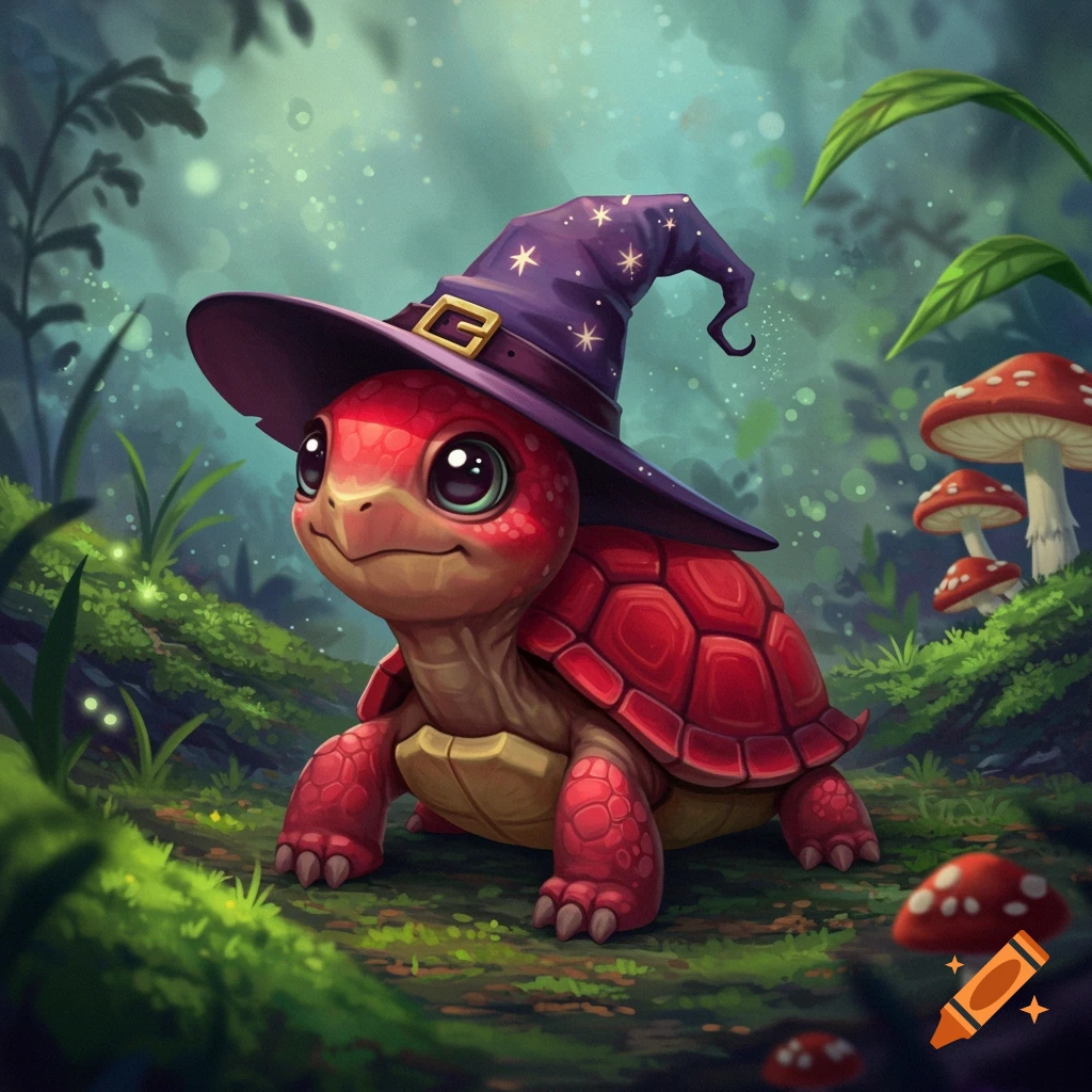 A cute baby red turtle wearing a purple witch hat sits in a forest with ...