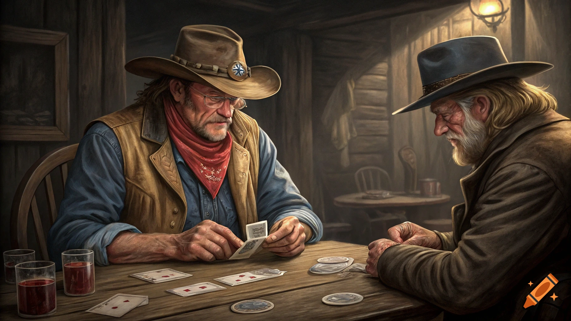 Two older men in cowboy hats playing cards at a rustic table in a dimly ...