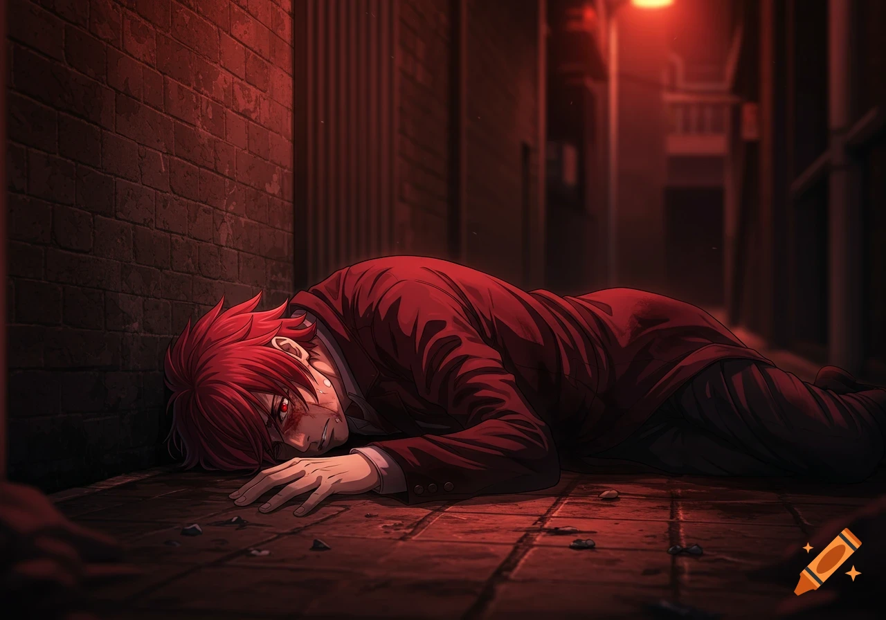 Anime character with red hair collapsed on floor in a dark alley. on ...