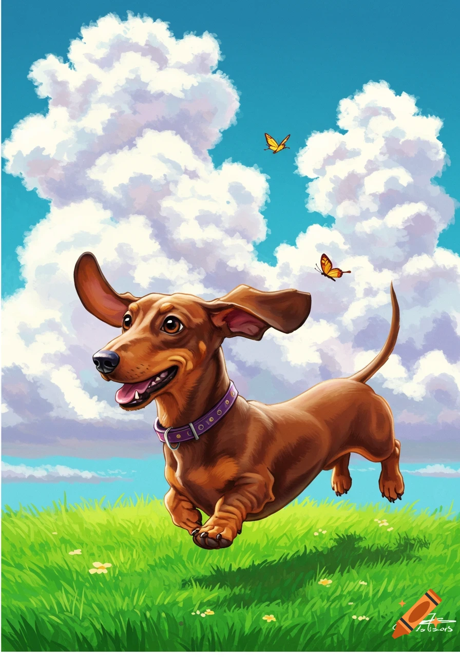 Cartoon illustration of a happy brown dachshund running through a field ...