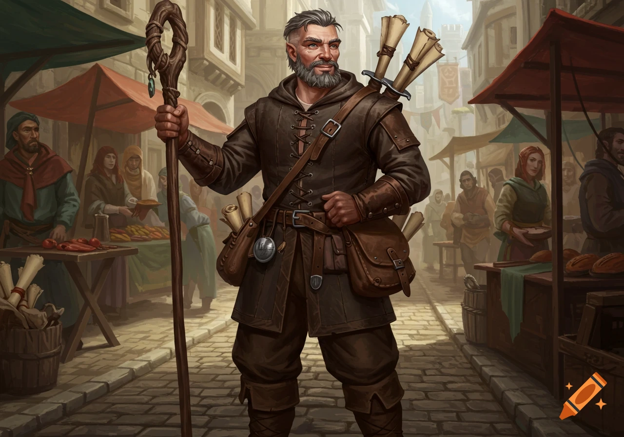 A fantasy merchant stands in a busy medieval marketplace holding a ...