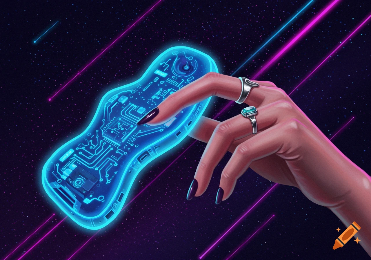 Hand holding a glowing, circuit-patterned sci-fi device in space with ...