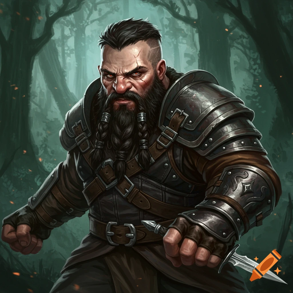 Fantasy illustration of a fierce dwarf in armor holding a dagger in a ...
