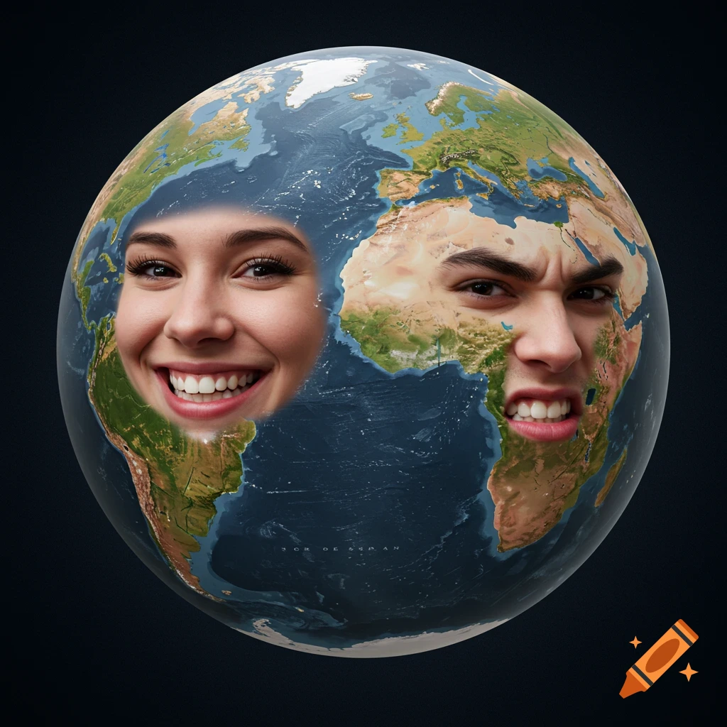 A world globe with a happy face on the Americas and an angry face on ...
