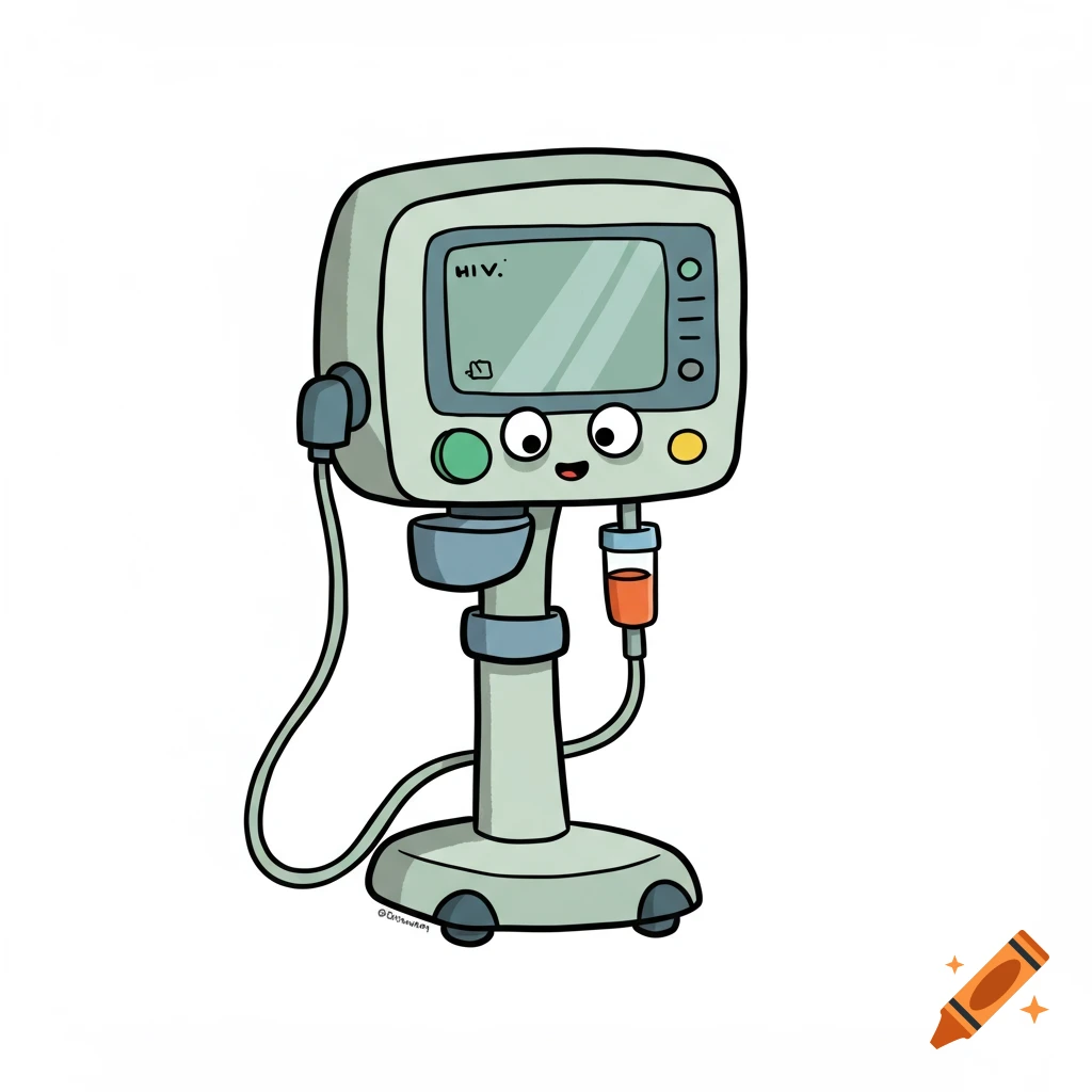 Cartoon illustration of an IV pump with a face in the style of Mo ...