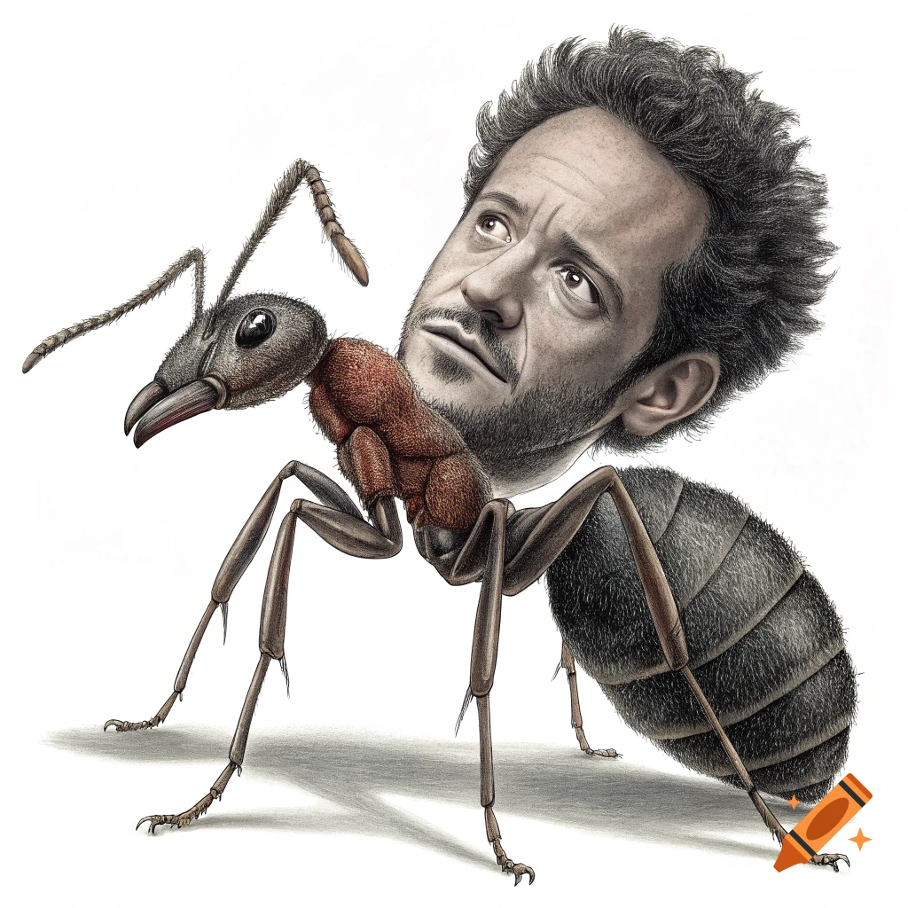 Illustration of a man's head on an ant's body. on Craiyon