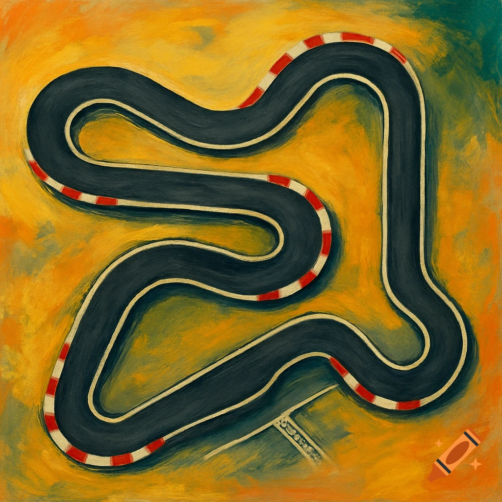Overhead view of a race track layout in a painterly style, featuring ...