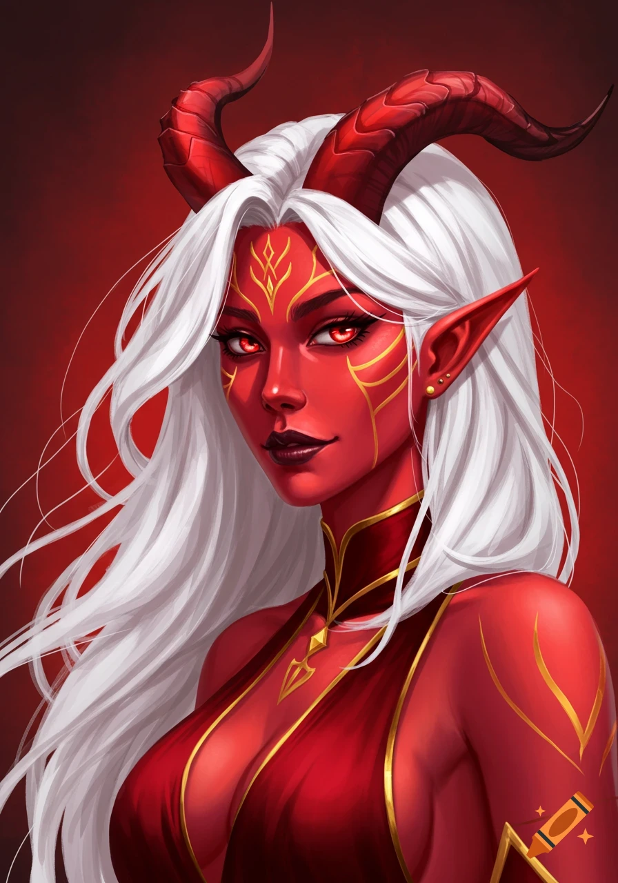 Digital painting portrait of a red-skinned tiefling woman with white hair and golden markings ...