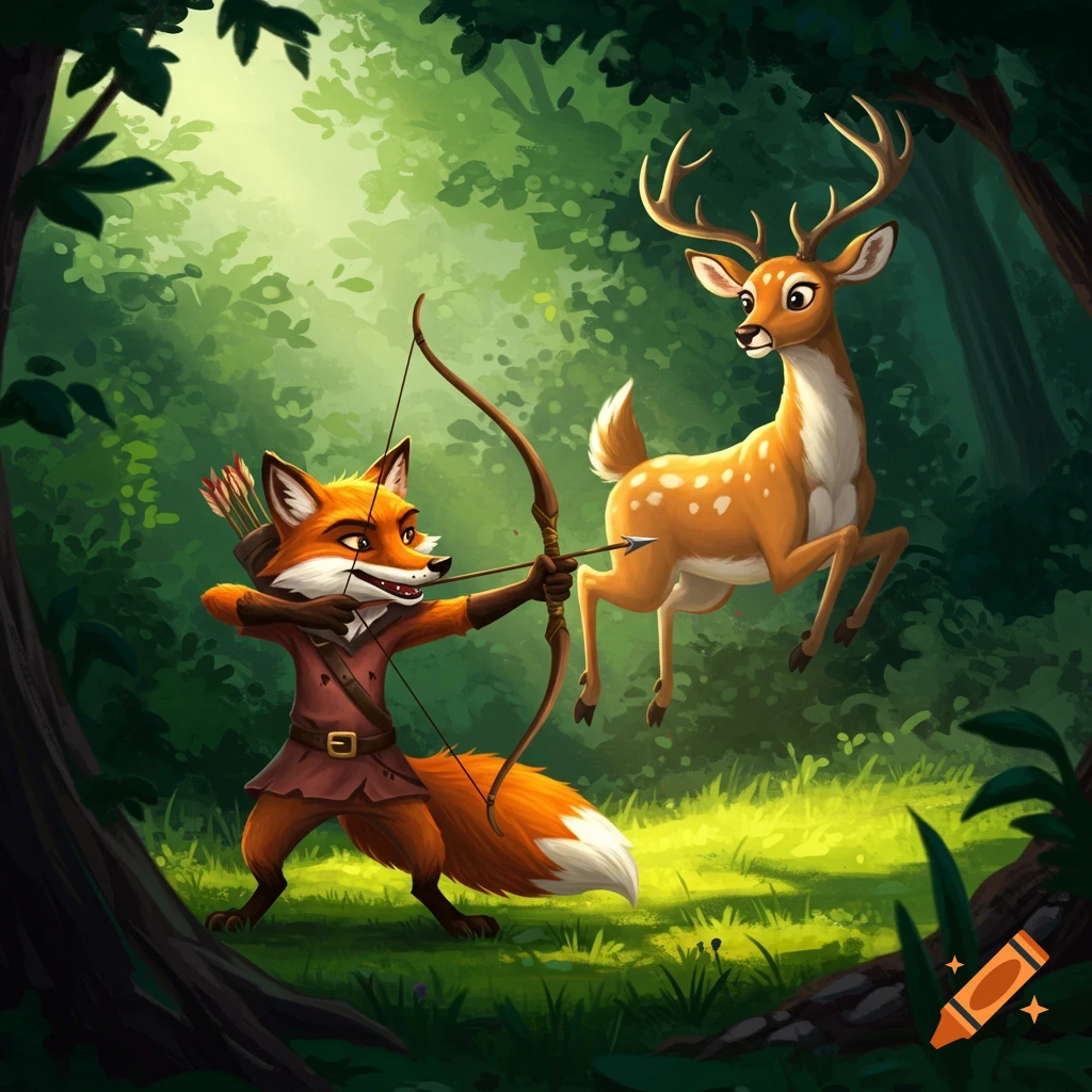 A cartoon fox in a forest aims a bow and arrow at a cartoon deer. on ...