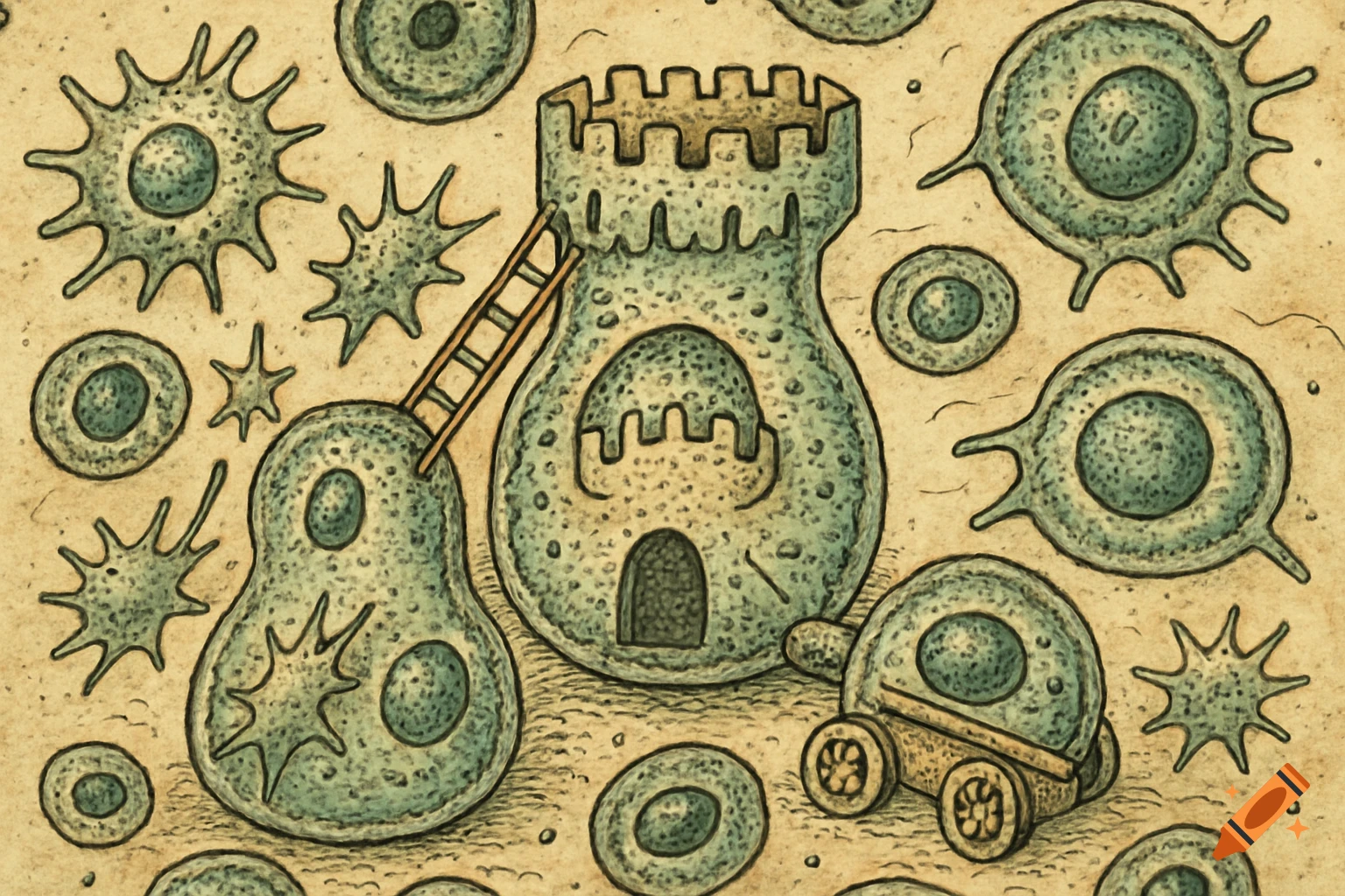 Stylized illustration of biological cells sieging a medieval castle. on ...