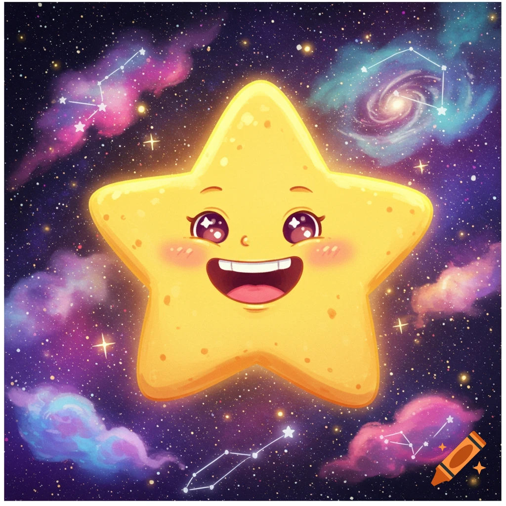 Smiling cartoon star floats in a colorful starry universe. on Craiyon