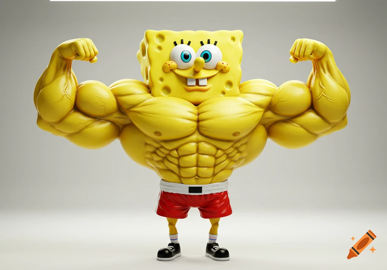 SpongeBob Squarepants flexing large muscles while wearing red shorts ...