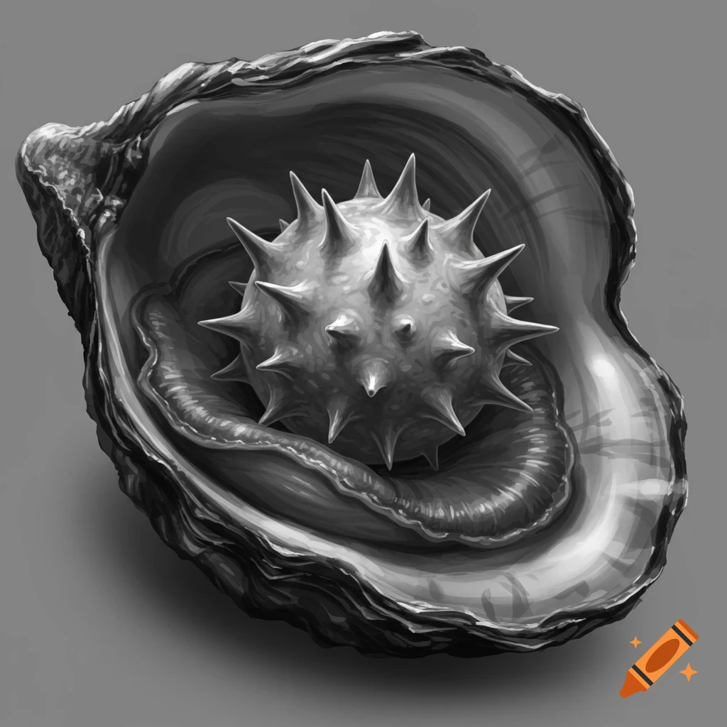 Monochrome illustration of an oyster shell containing a spiky object ...