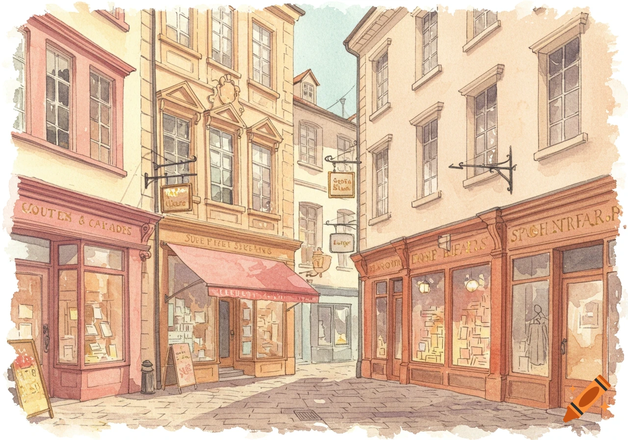 Watercolor painting of a street with old-fashioned shop fronts and ...