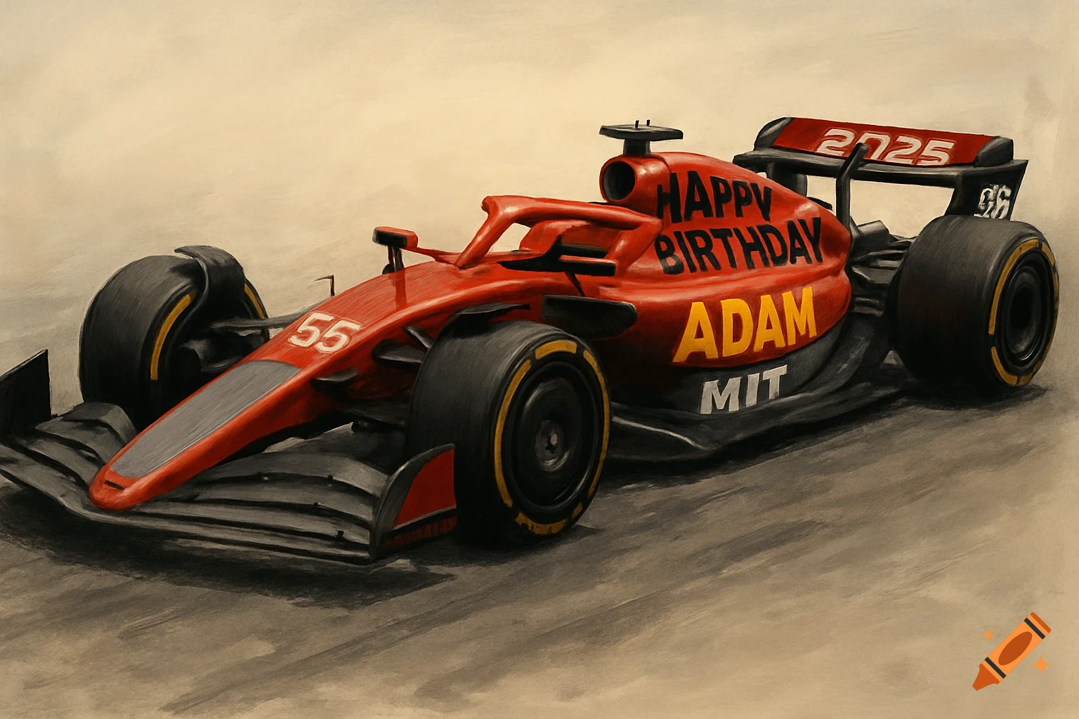 Painterly image of a red and grey F1 race car with 'Happy Birthday Adam ...