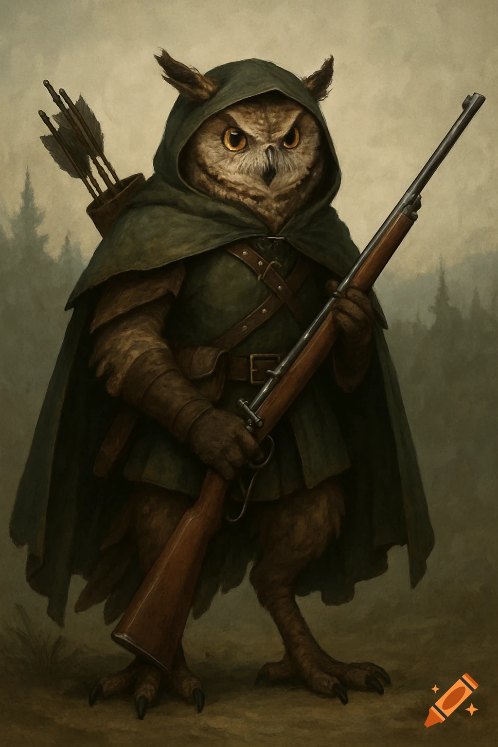 Fantasy art of an owl ranger in a hooded cloak holding a rifle and ...