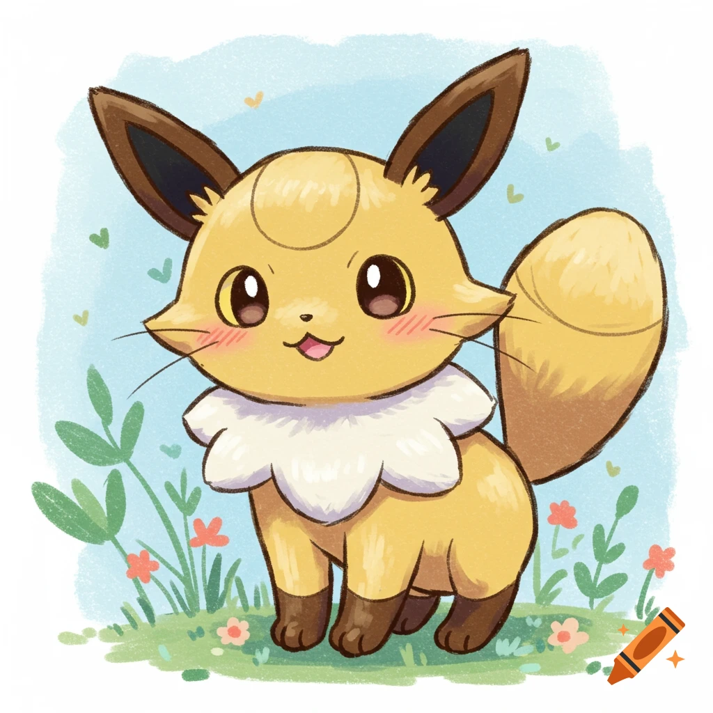 Cute drawing of Eevee the Pokemon standing in a field with flowers. on ...
