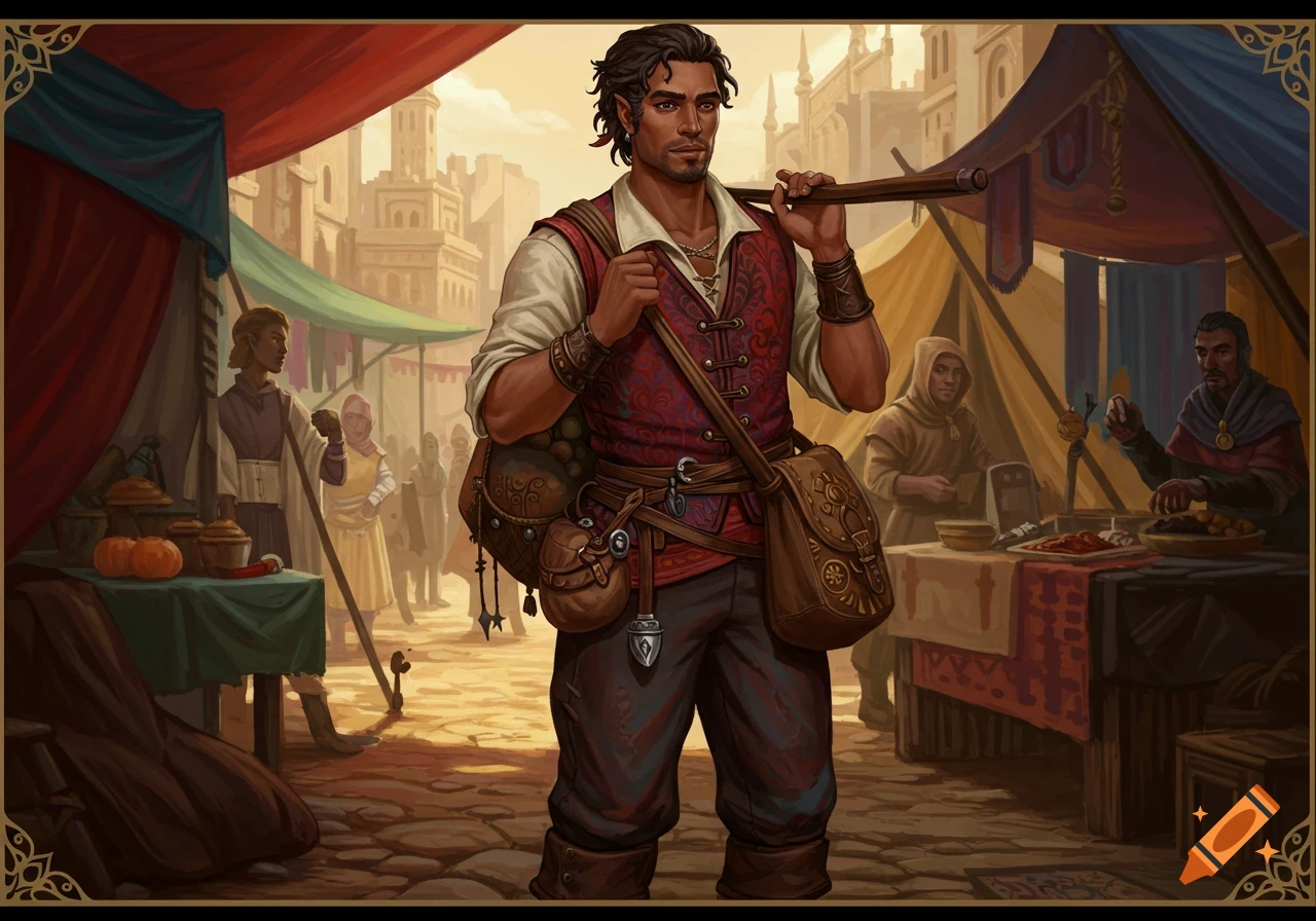 A fantasy male merchant with bags and a staff stands in a busy market ...