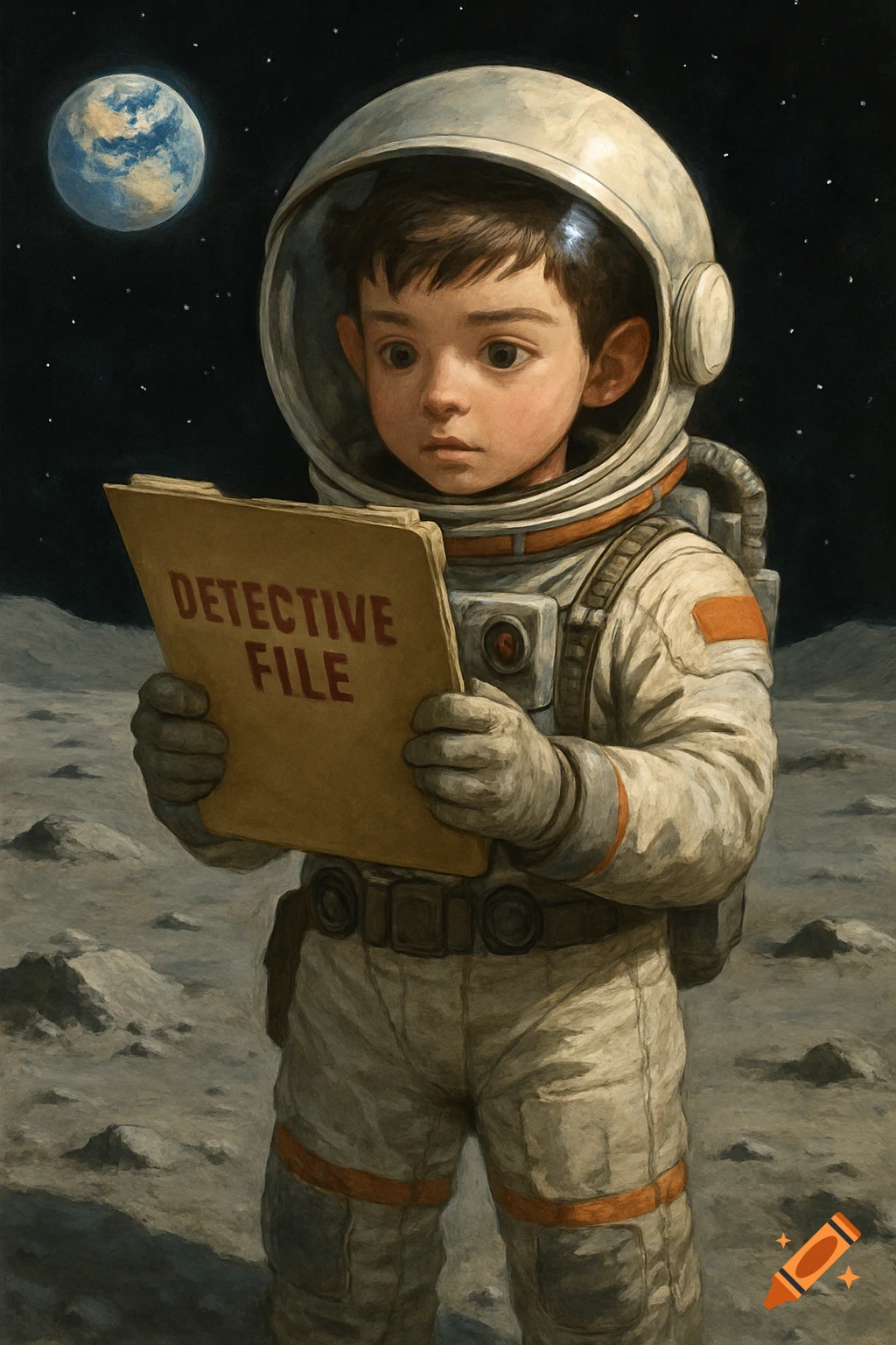 Boy in a space suit reading a detective file on the moon with Earth in ...
