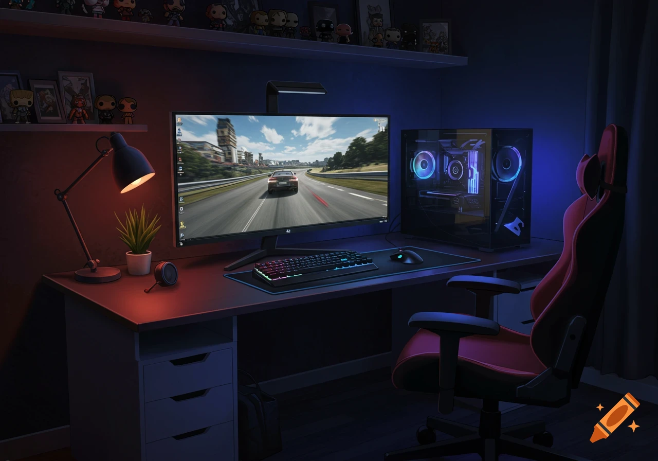 A gaming setup with a monitor displaying a racing game, keyboard, mouse, PC tower, and gaming ...
