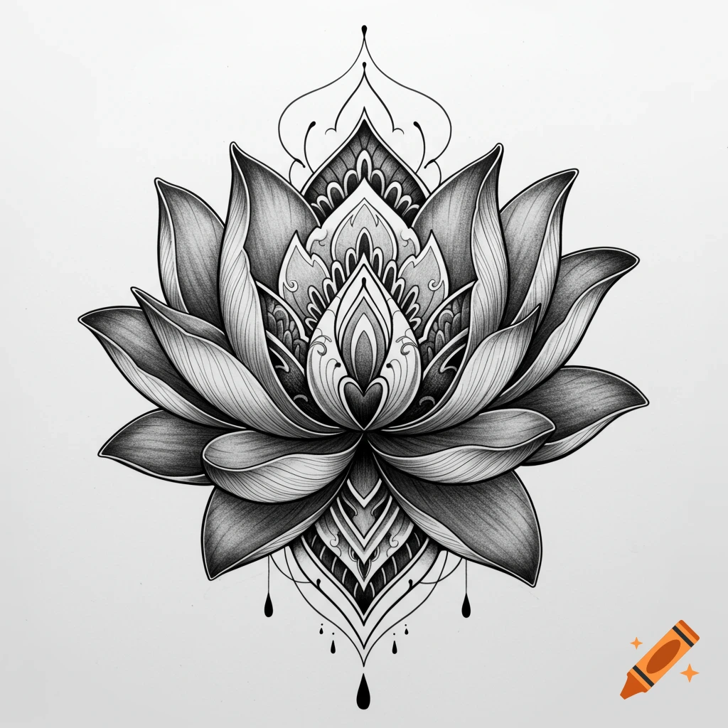 Black and white drawing of a detailed lotus flower design. on Craiyon
