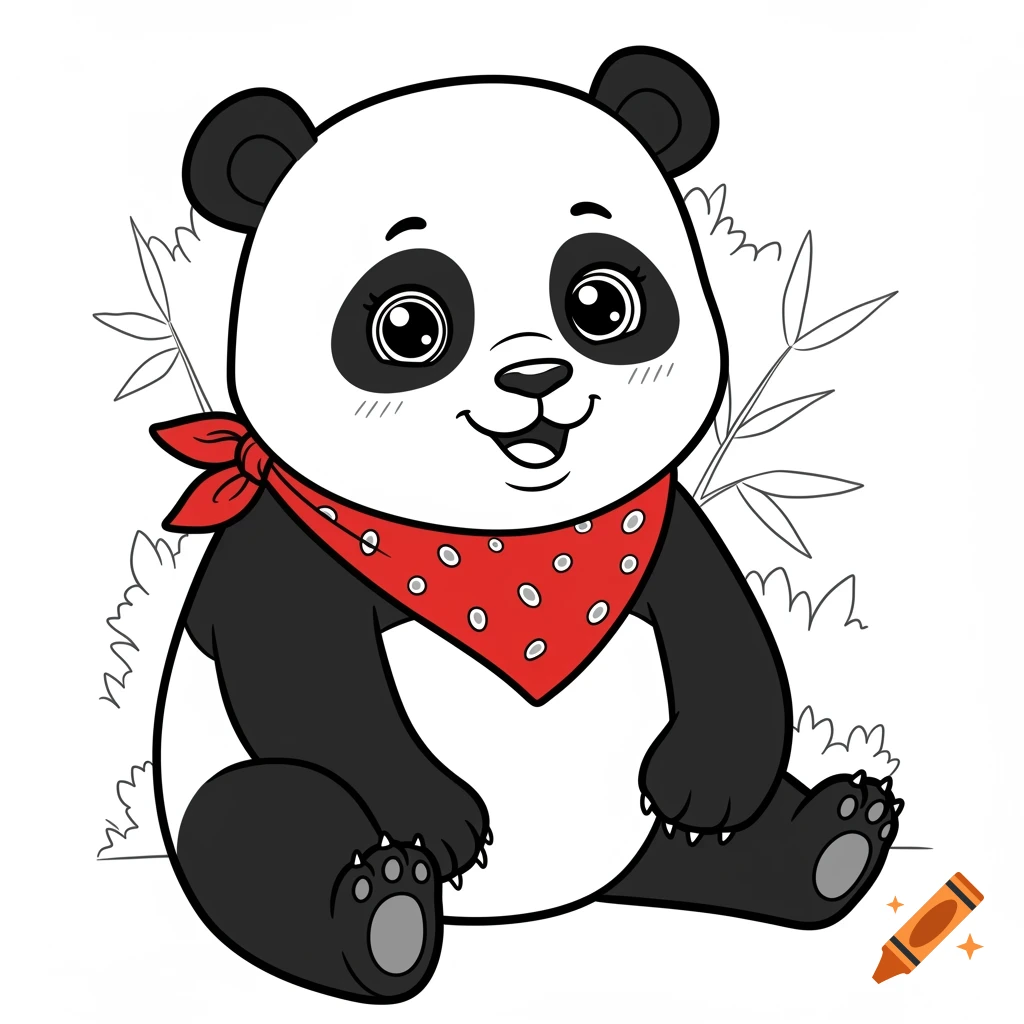 A happy cartoon panda wearing a red bandana, illustrated in black ...