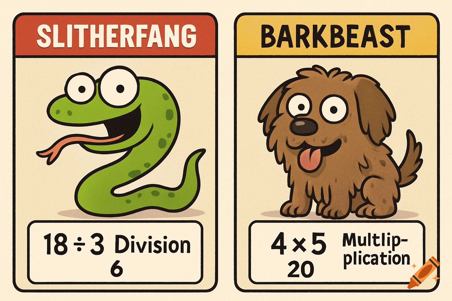 Two stylized game cards. The left card has a green cartoon snake and ...