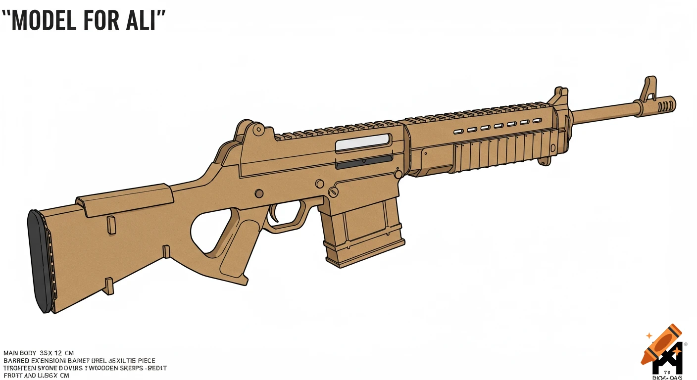 A clean blueprint drawing of a cardboard toy rifle with measurements ...
