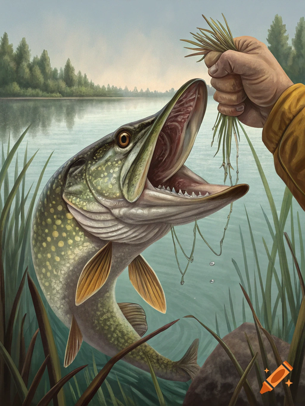 Illustration of a large pike fish biting a hand near a lake on Craiyon