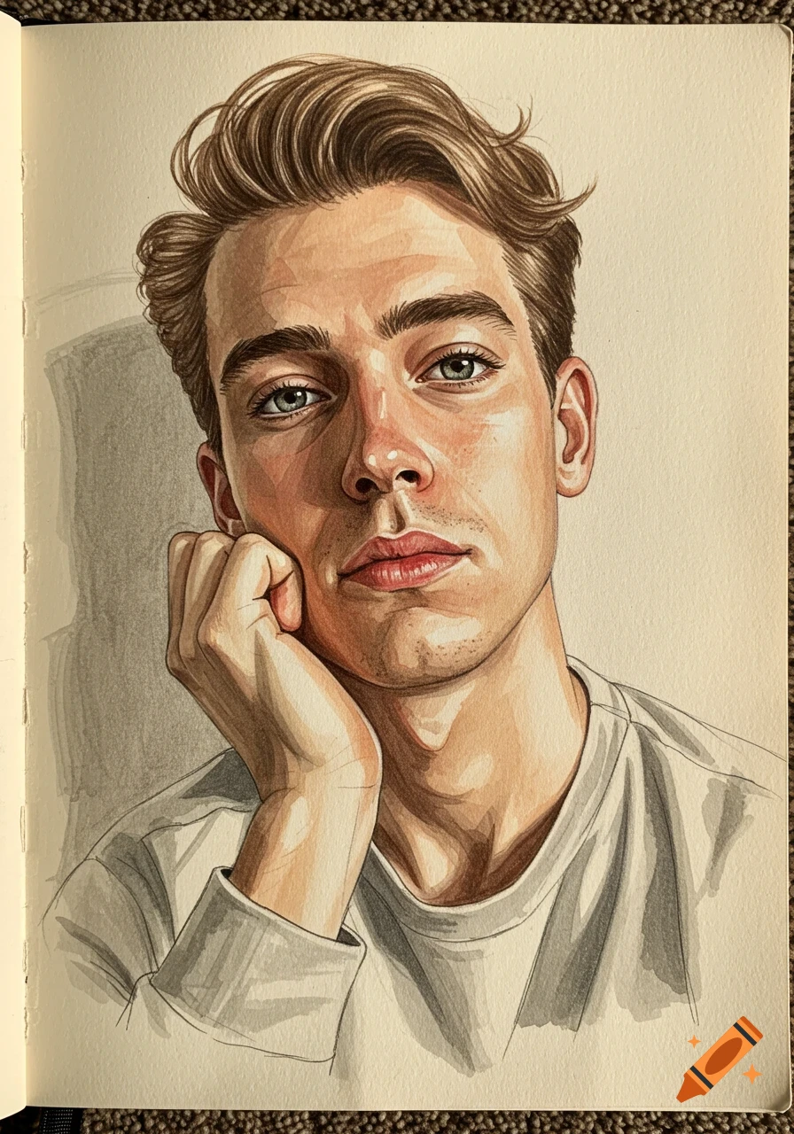 A drawing of a young man resting his head on his hand in a sketchbook ...
