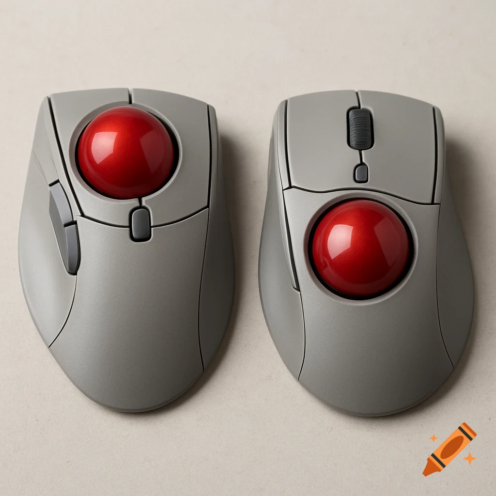 Two grey trackball computer mice with large red balls. on Craiyon