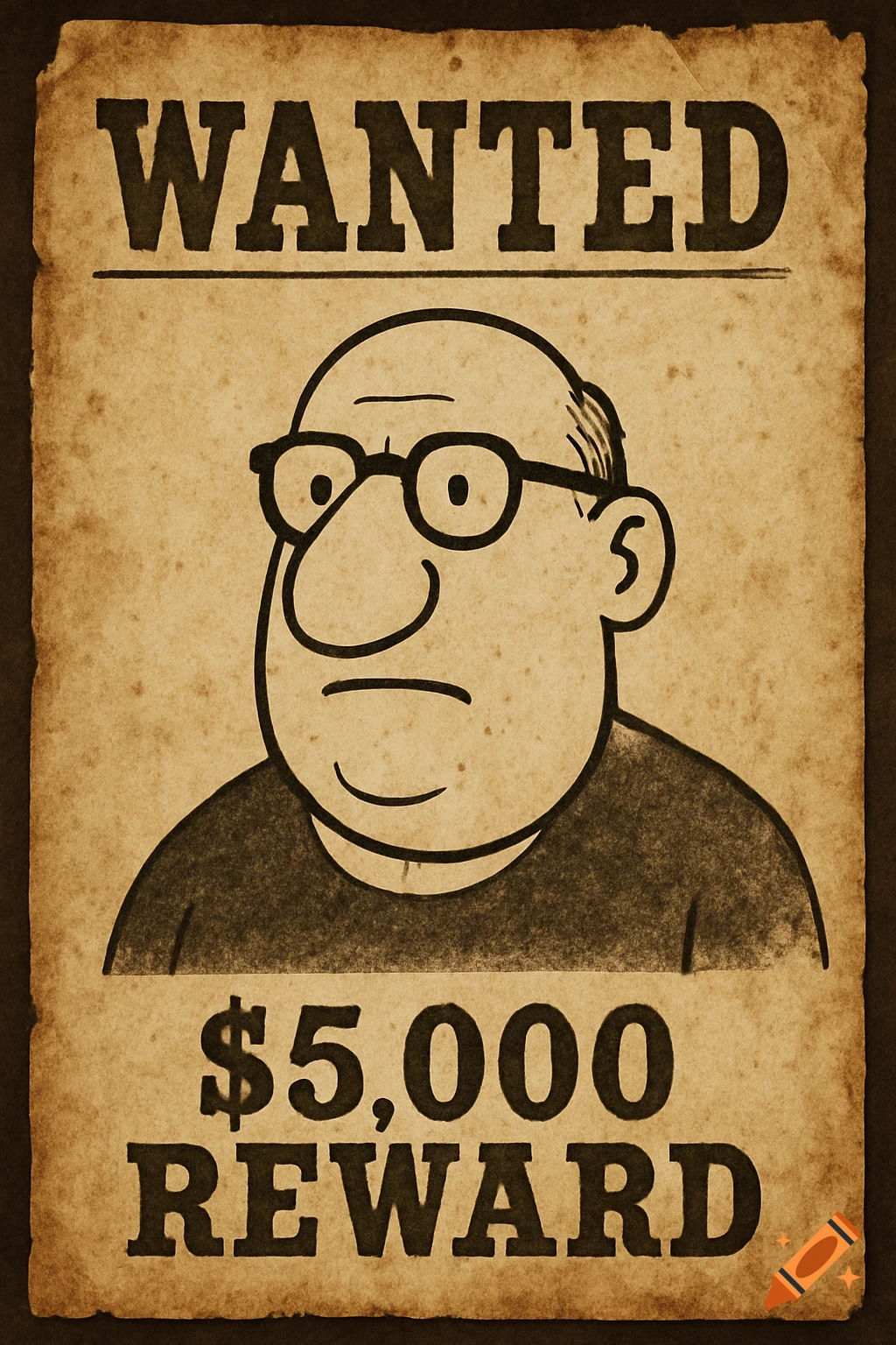 Cartoon character on a wanted poster with 'Wanted' and '$5,000 Reward ...