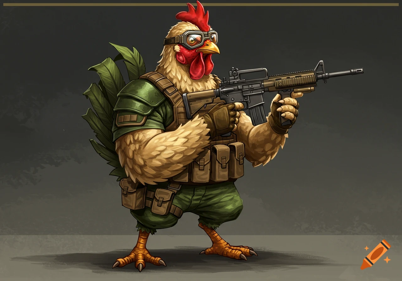 Illustration of a chicken wearing tactical gear and holding a rifle. on ...
