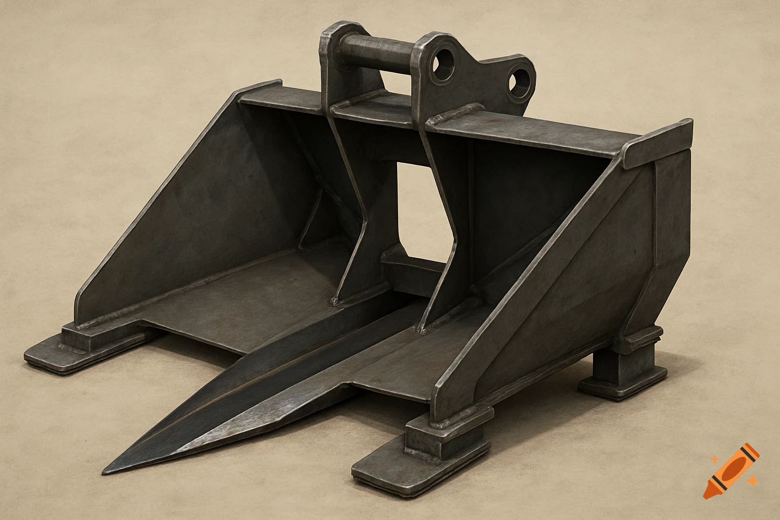 A V-shaped steel backhoe attachment with a sharpened leading edge and ...