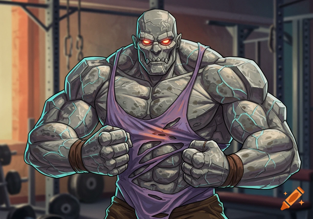 A stone monster with glowing red eyes flexes in a ripped tank top in a ...