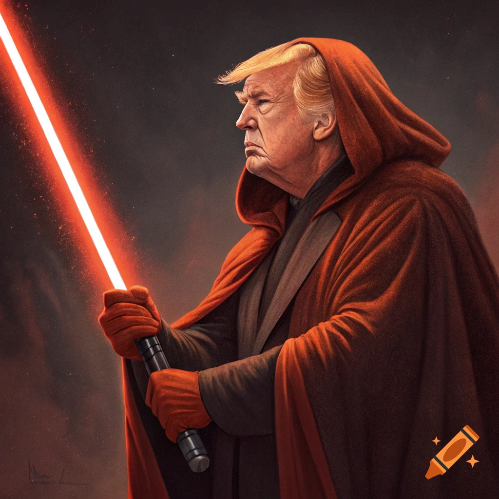 Donald Trump dressed as a Sith Lord with a red lightsaber. on Craiyon